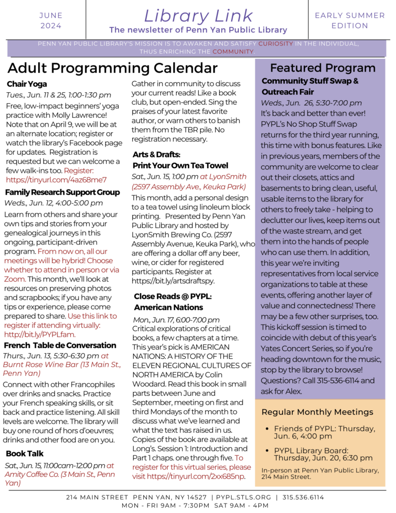 Library Link Newsletter – Penn Yan Public Library
